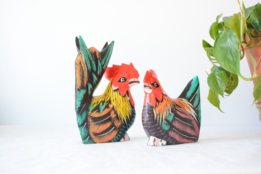 Vintage Pair of Wood Rooster Figures, Hand Painted Colourful Rooster ...