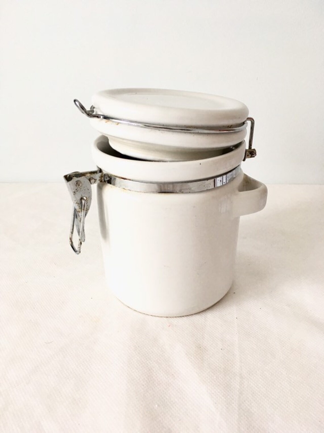 Vintage wire clamp preserving jar Canisterceramic white jar | Etsy