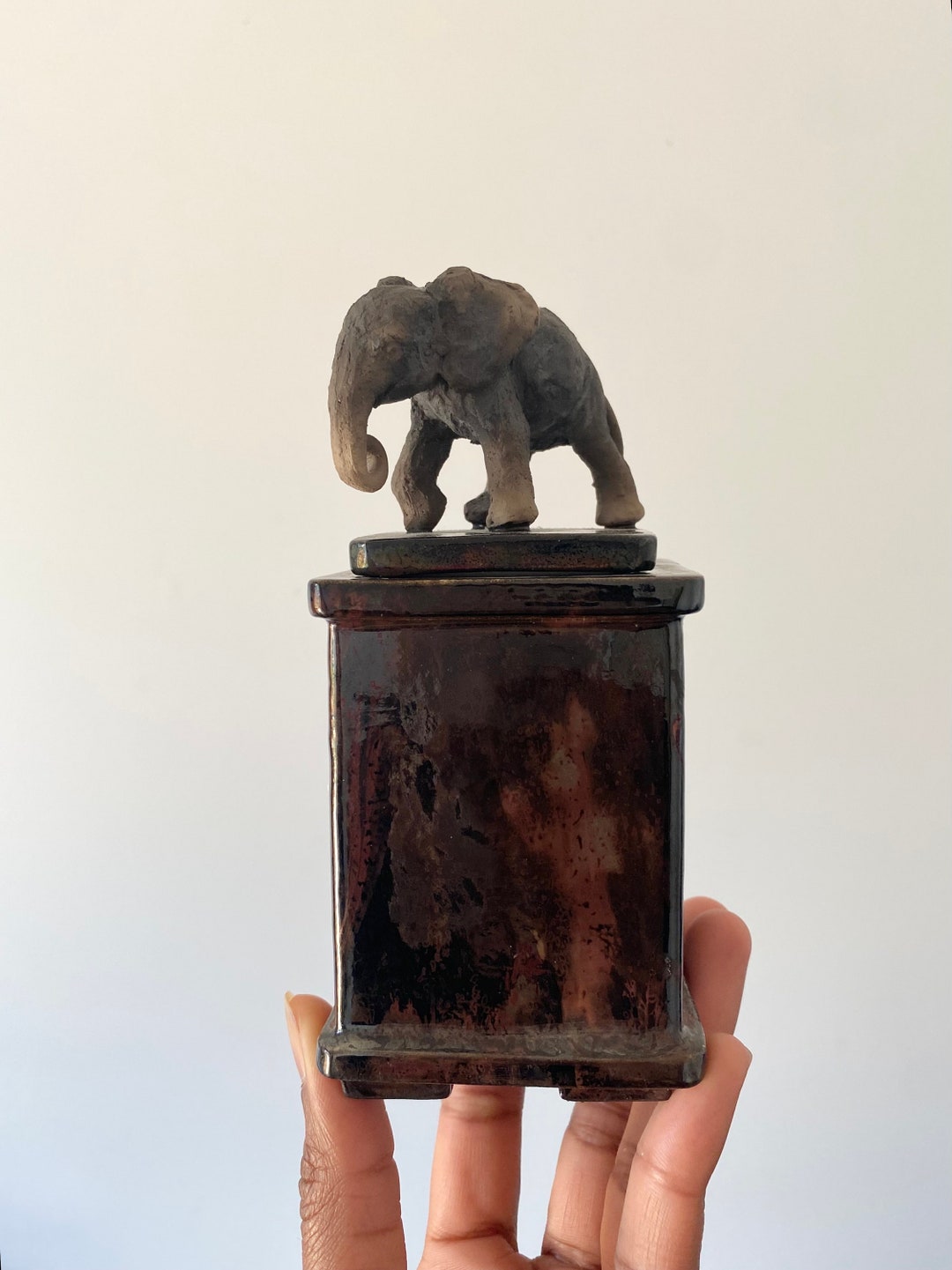 Vintage Ceramic Container With Lid/ Elephant Motif Handmade Piece ...