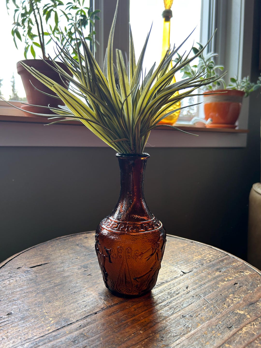 Vase, Pressed Glass, Amber Color, Grecian, Oil or Ginger Recipient ...