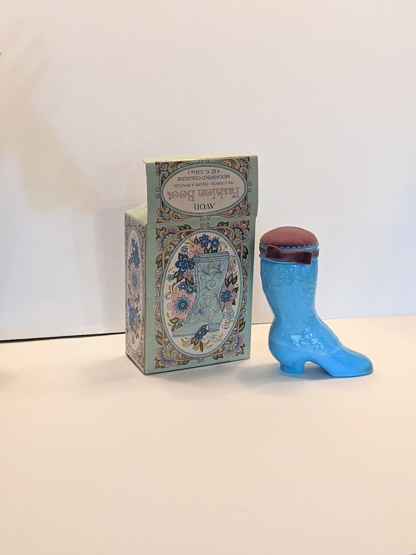 Avon, Perfume Sonnet, Blue Glass, Fashion Boot Pin Cushion, Full Bottle ...