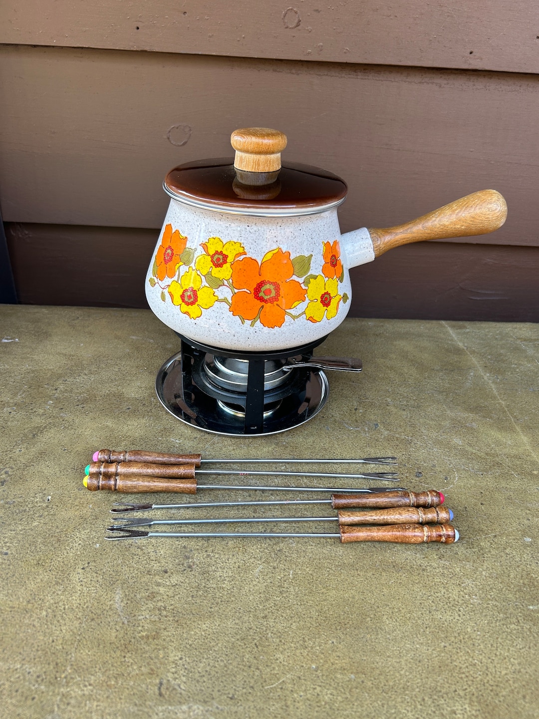 Enameled Fondue Set, Floral, Retro, Vintage - Etsy