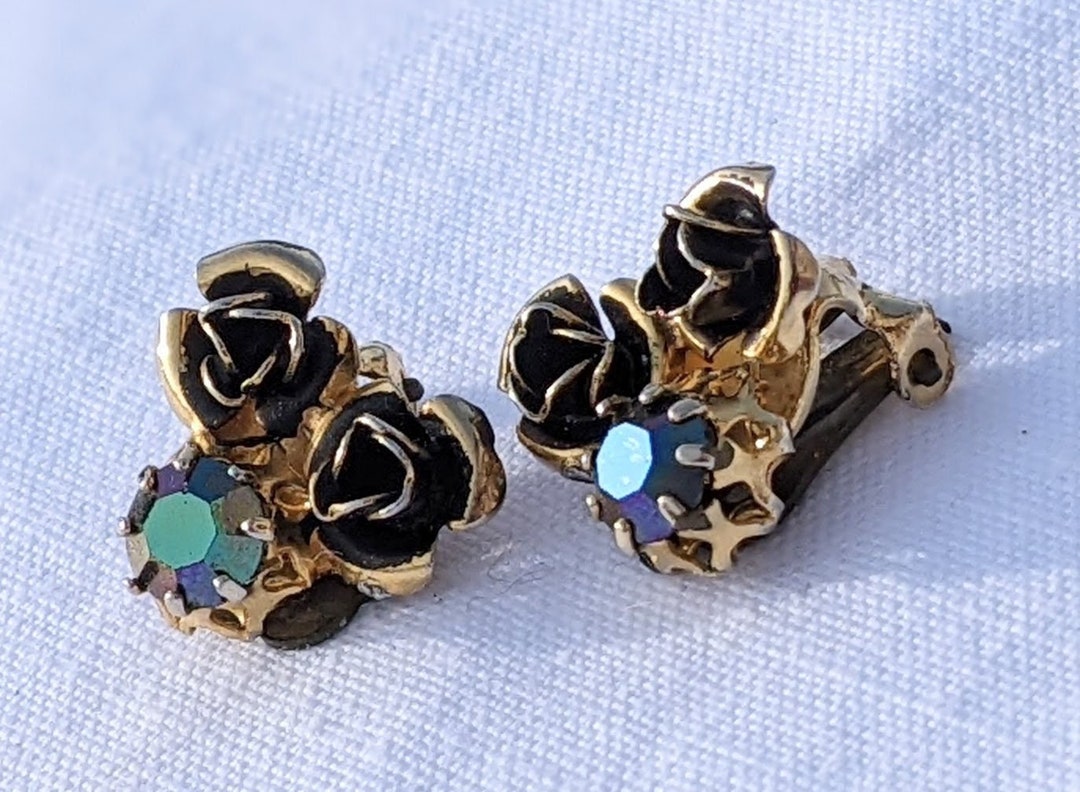 Triad, Earrings Black Roses With Dark Austrian Crystals, Vintage - Etsy