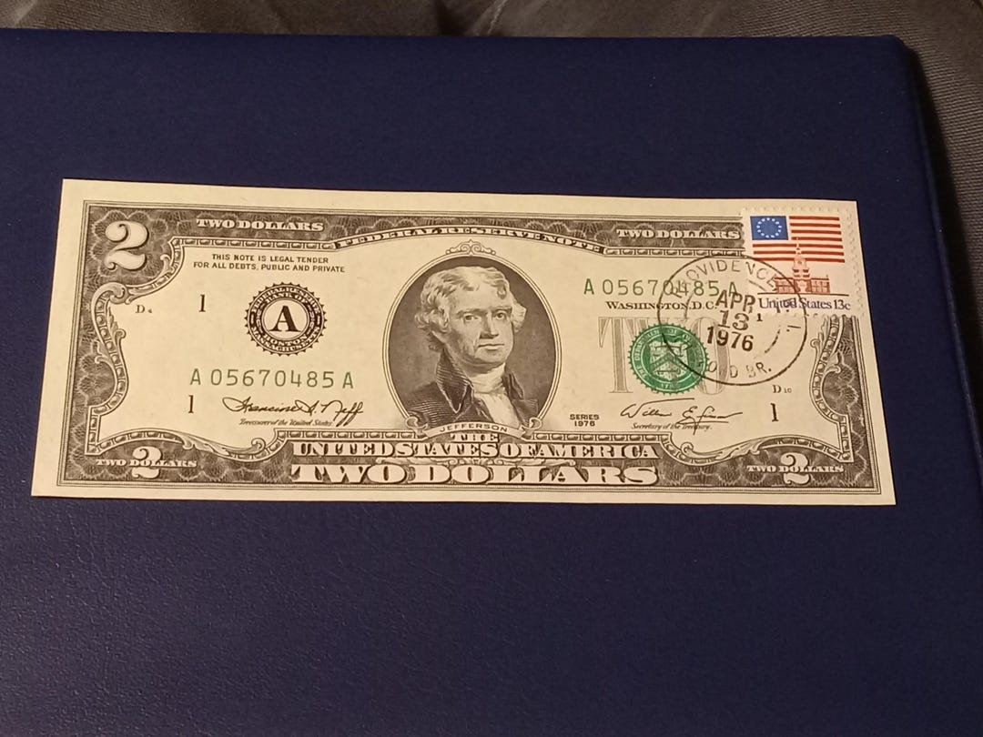 1976 2 Dollar Bill Stamped UNC Uncirculated Stamped on Day of Release ...