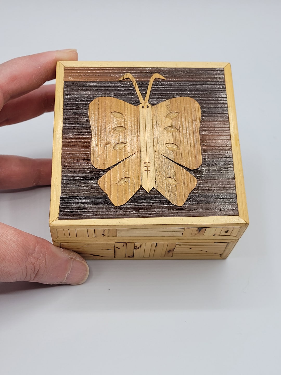 Vintage Bamboo Wood Inlay Butterfly Trinket Box 2pc - Etsy