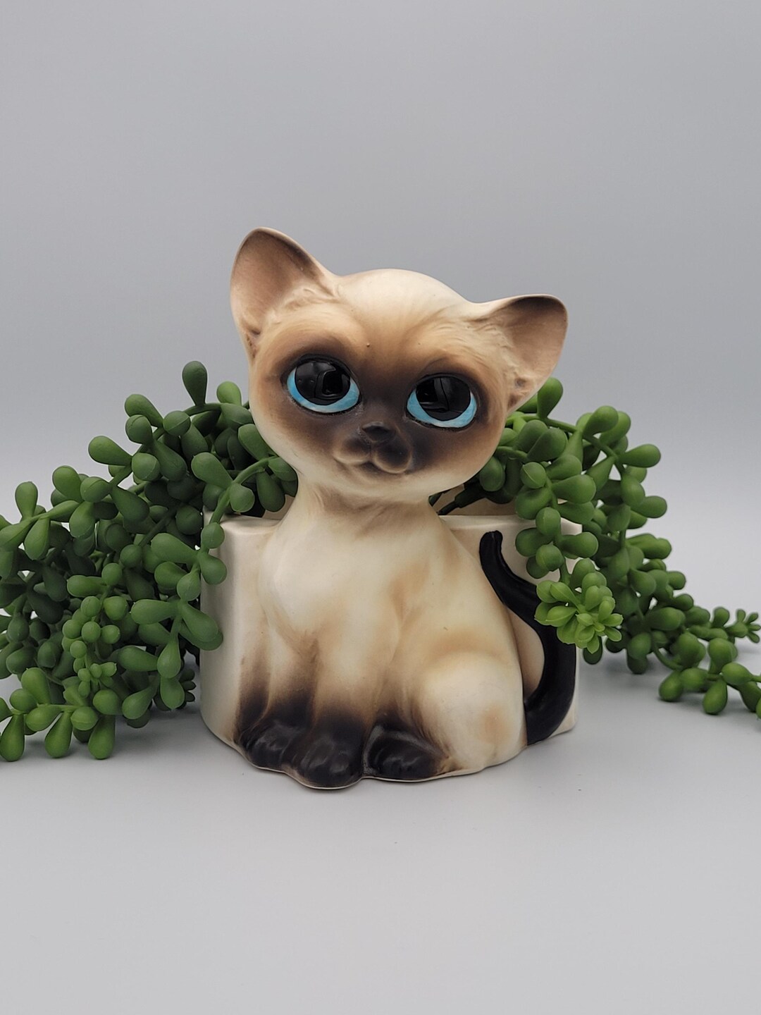 Lefton Big Blue Eyes Siamese Cat Planter - Etsy