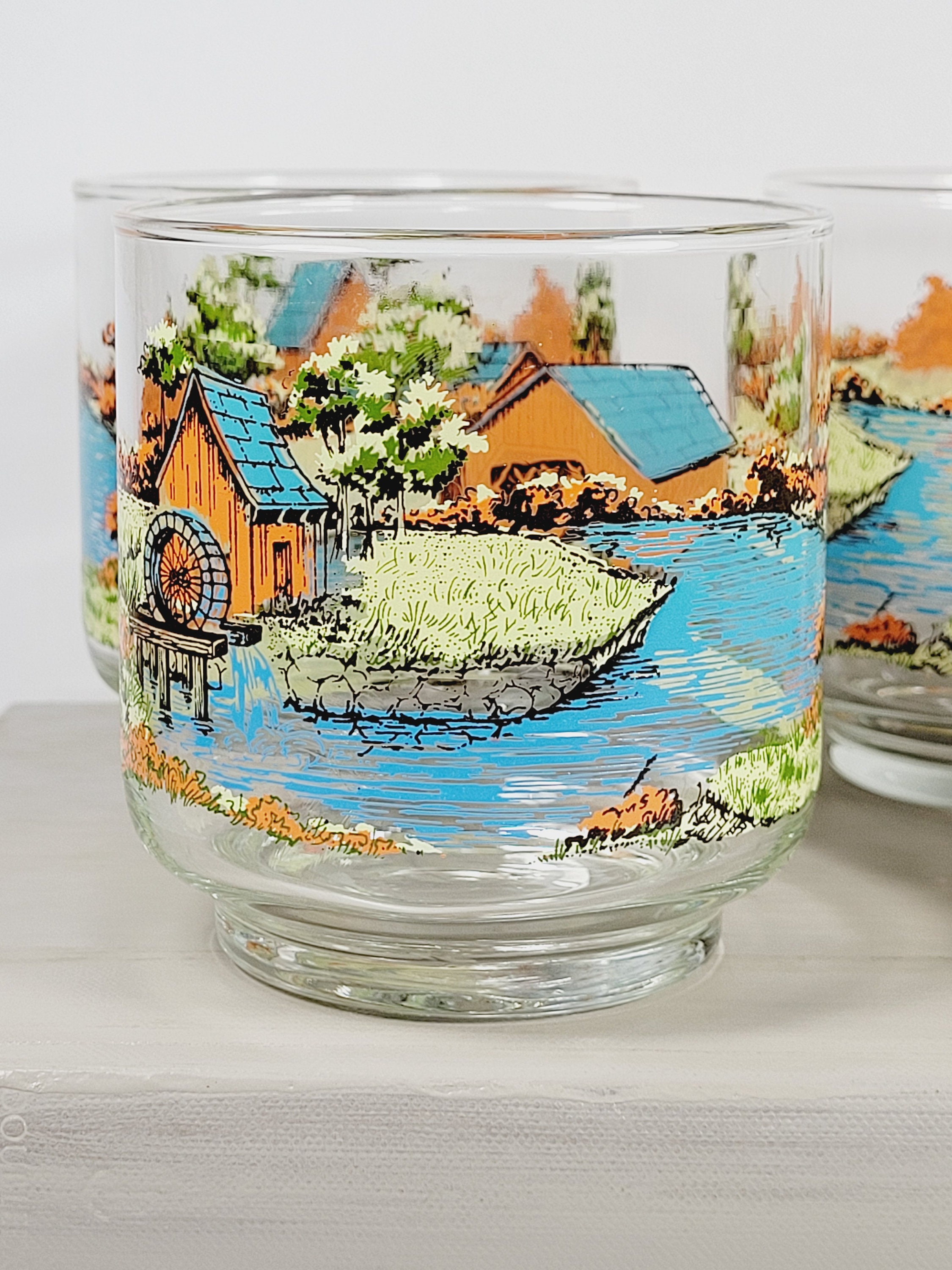 Vintage Libbey Country Covered Bridge With Grist Mill Juice Glass Etsy