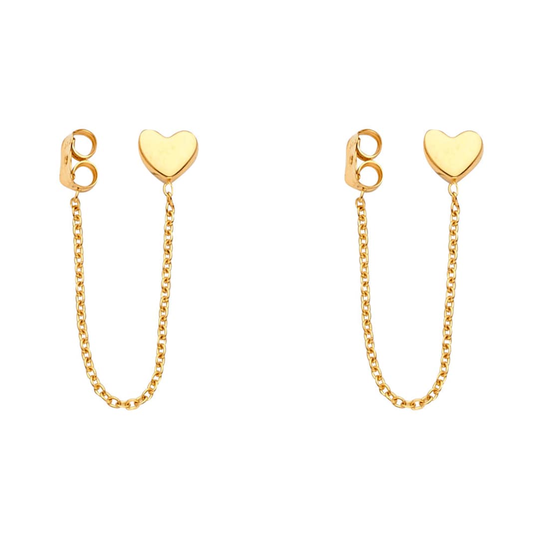 14K Gold Heart Chain Earrings, Dainty Petite Hanging Heart Earrings ...