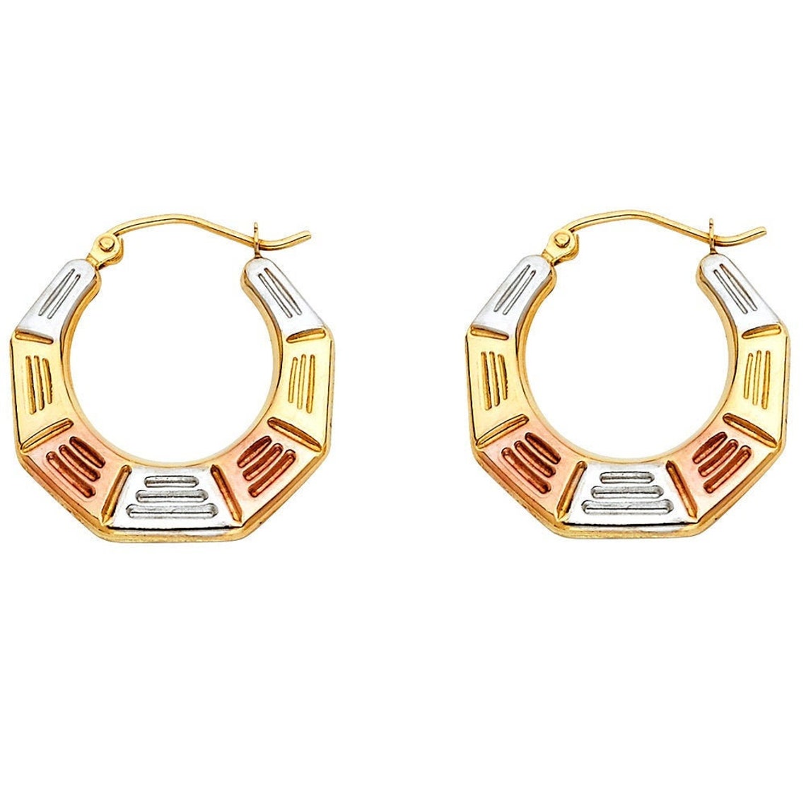 14K Gold Tri Color Hoops Fancy Diamond Cut Hoop Earrings - Etsy