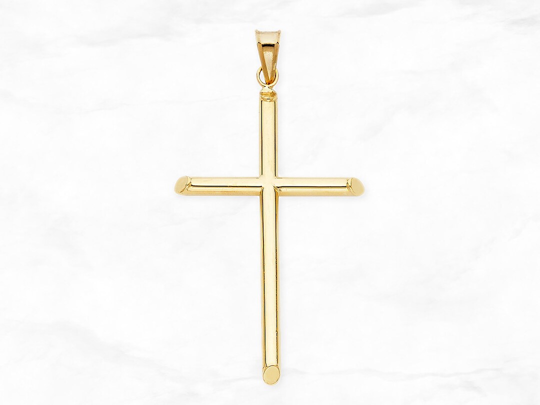 Large Gold Cross Pendant • Real 14K Yellow Gold Tube Cross • Plain ...