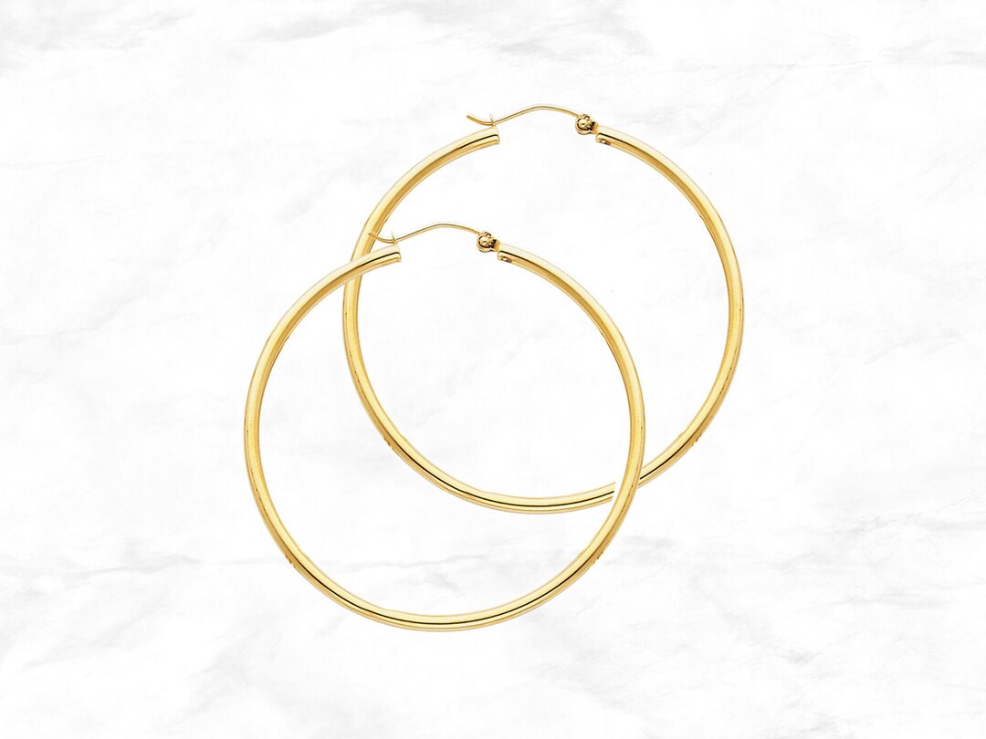 14K Gold Hoops, 35 Mm Width, 2 Mm Thick, Real Yellow Gold Hoops, Round ...