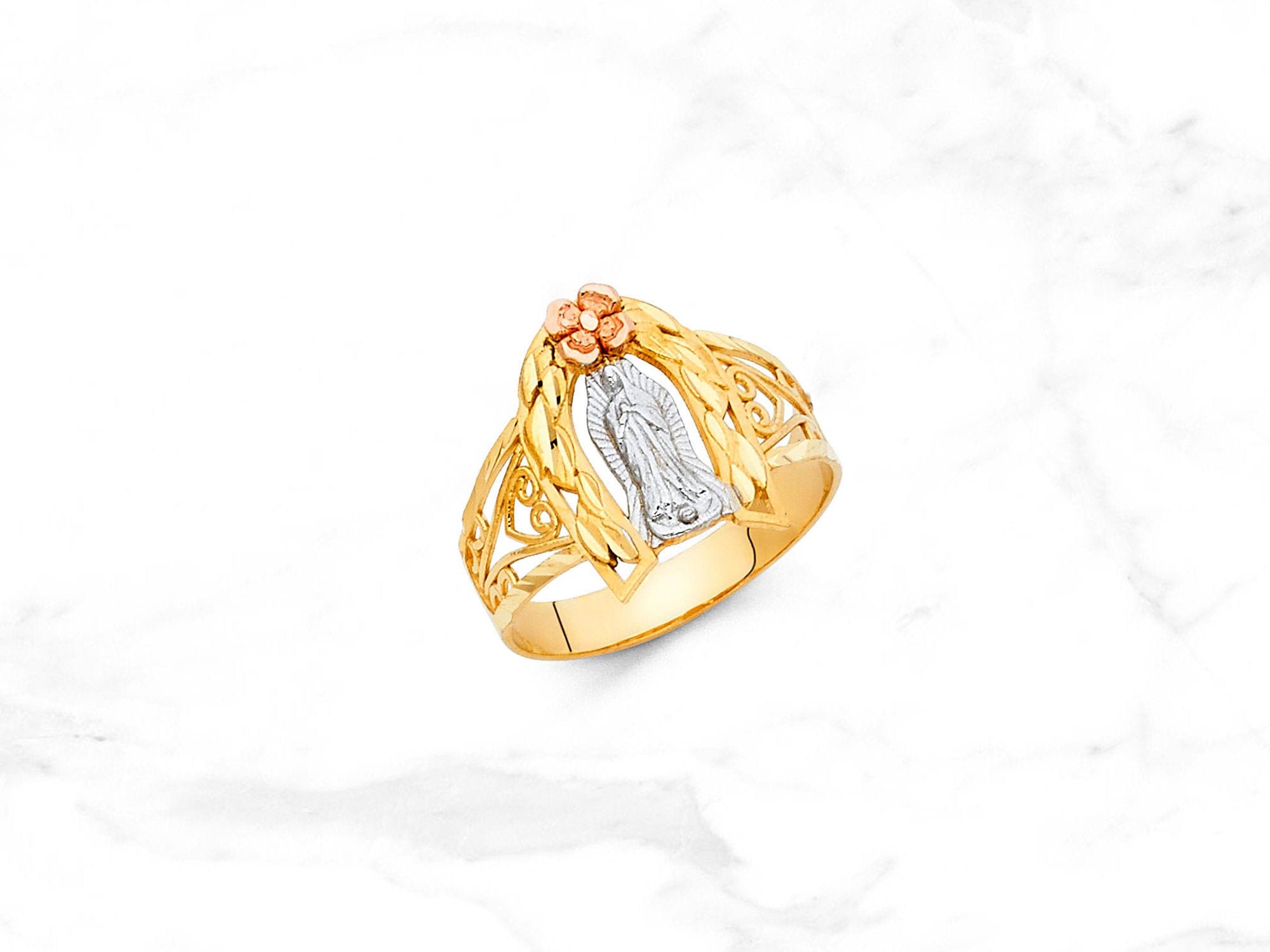 14K Tricolor Our Lady Of Guadalupe Ring Religious Jewelry