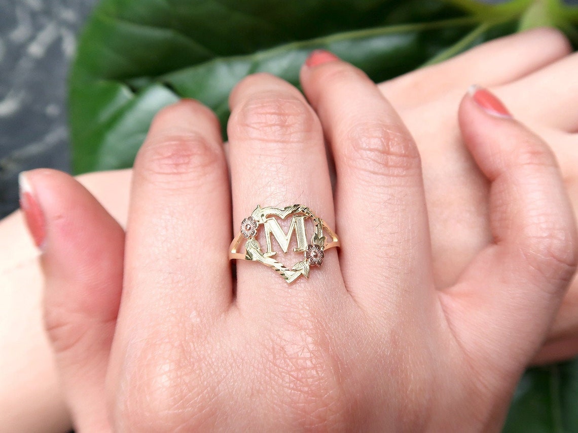 14K Gold Flower Heart Initial Ring • Any Letter A-Z • Real Yellow, Rose ...
