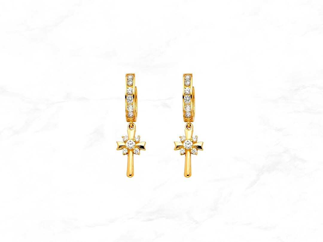 14K Gold Cross Hinged Huggie Hoops • Real Yellow Gold Dangle Huggies ...