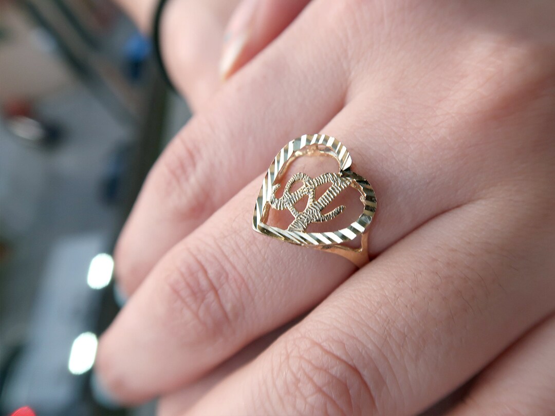 10K Gold Heart Initial Ring, A-Z, Letter Ring, Real Gold Diamond Cut ...