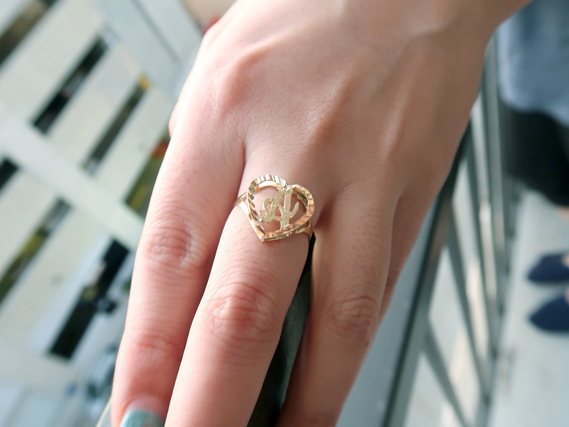 10K Gold Heart Initial Ring A-Z Letter Ring Real Gold | Etsy