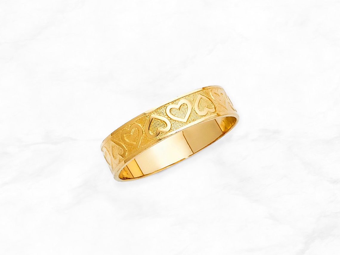 14K Gold Heart Pattern Ring, Real Solid Gold Heart Ring, Minimal Yellow ...
