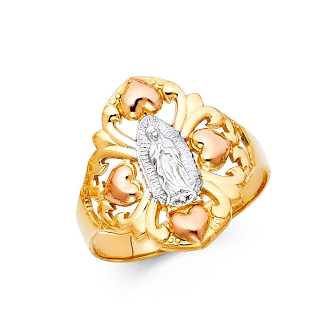 14K Gold Virgin Mary With Hearts Ring, Real 14K 3 Color Gold Virgin De ...