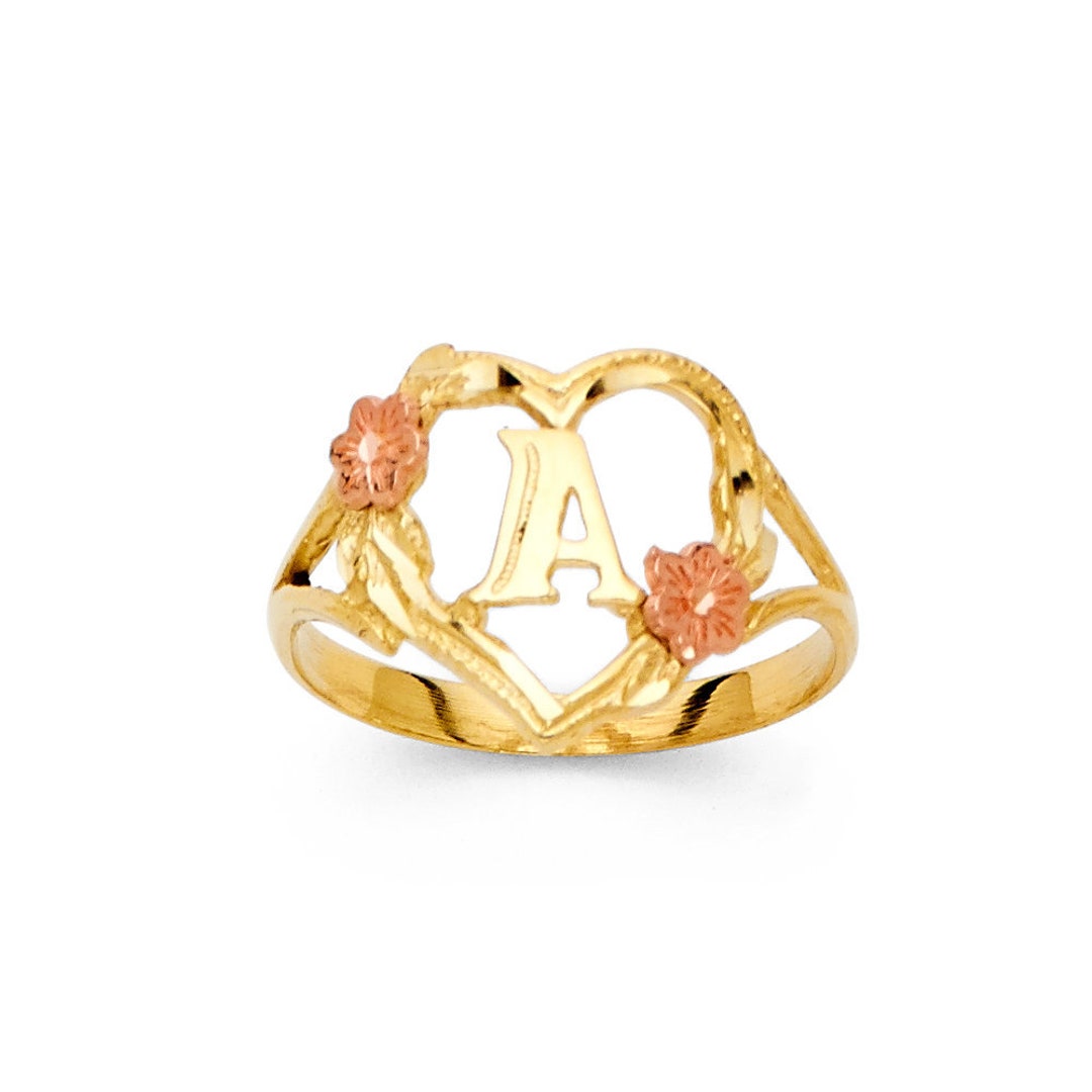 10K Gold Flower Heart Initial Ring, A-Z, Yellow White Rose Gold Letter ...