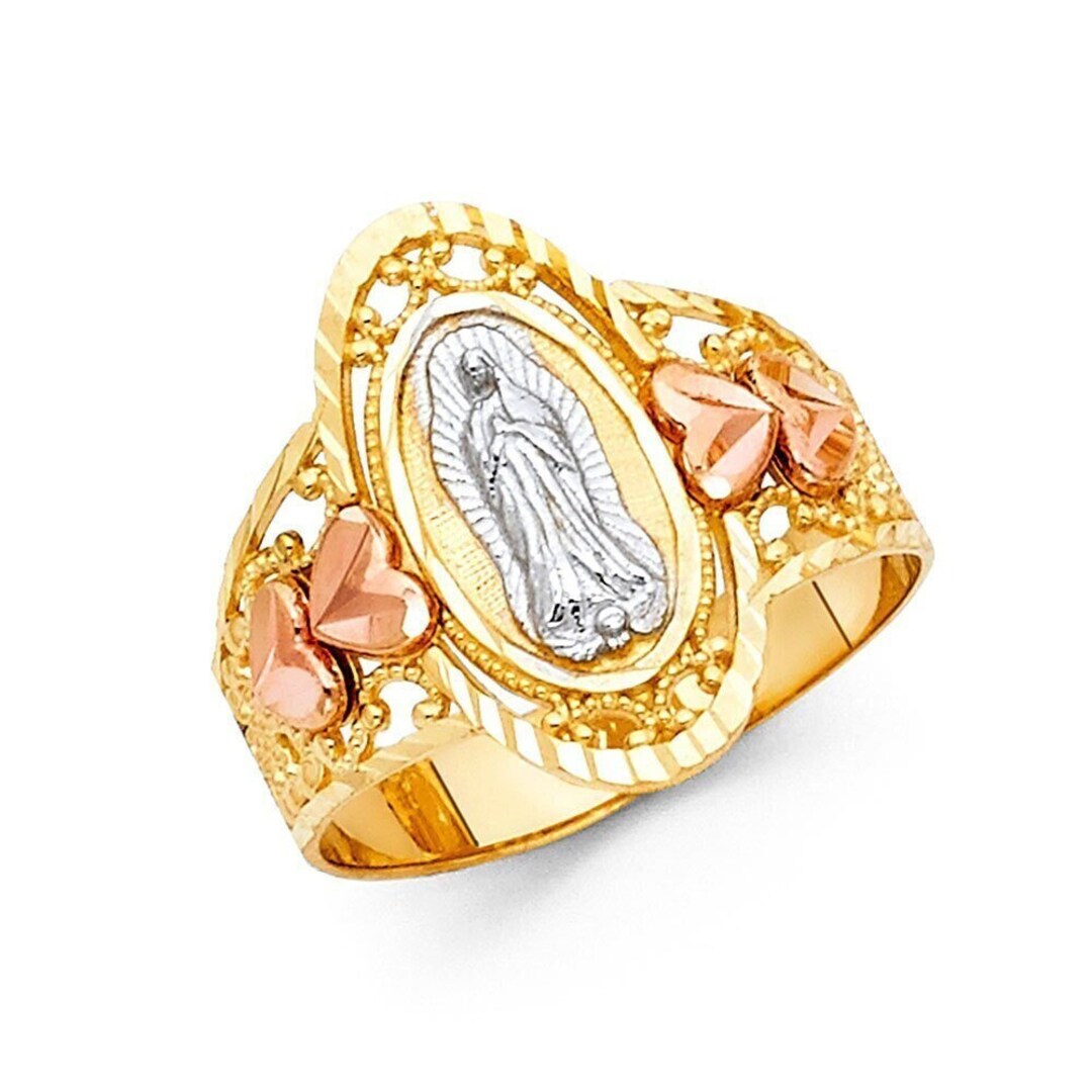 14K Tri Tone Gold Virgin Mary With Hearts Ring, Real 14K Gold Virgin De ...