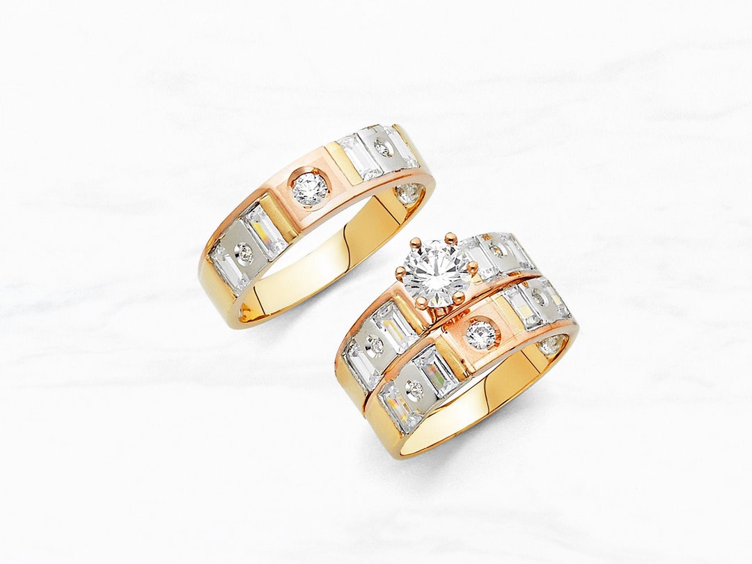 14K Tri-gold Round Gemmed Wedding Ring Trio Set Real Solid Gold Bridal ...
