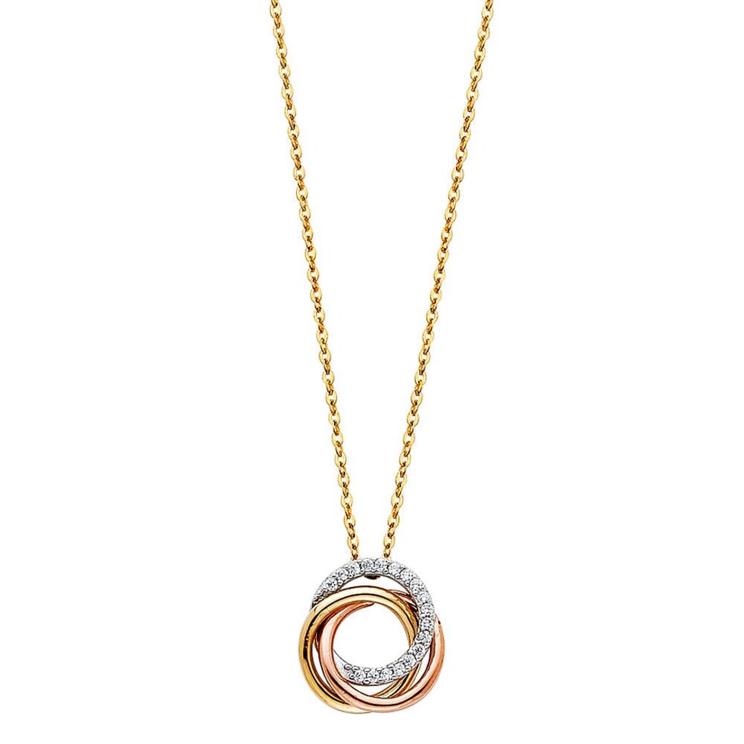 Tri Color Gold Circle Knot Necklace With Gems, Real 14K Gold Cross ...