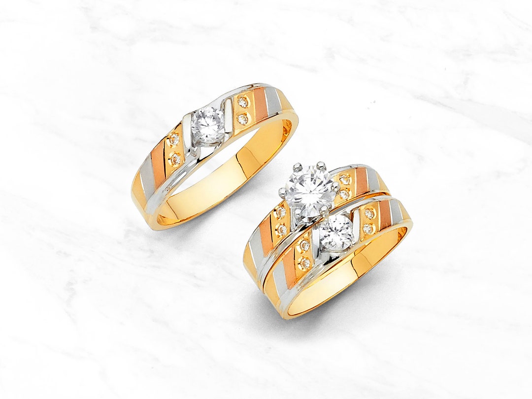 Solid 14K Tri-color Striped Wedding Ring Trio Real 14K Tri-gold Bridal ...