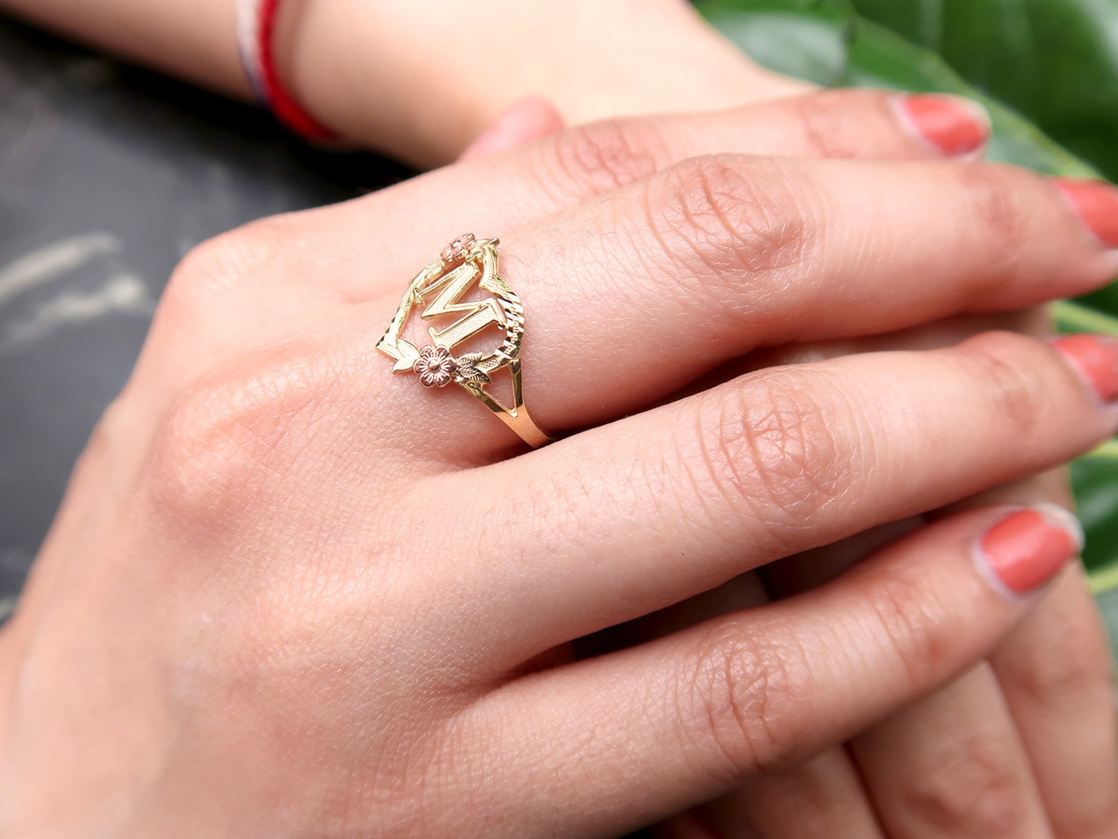 14K Gold Flower Heart Initial Ring • Any Letter A-Z • Real Yellow, Rose ...