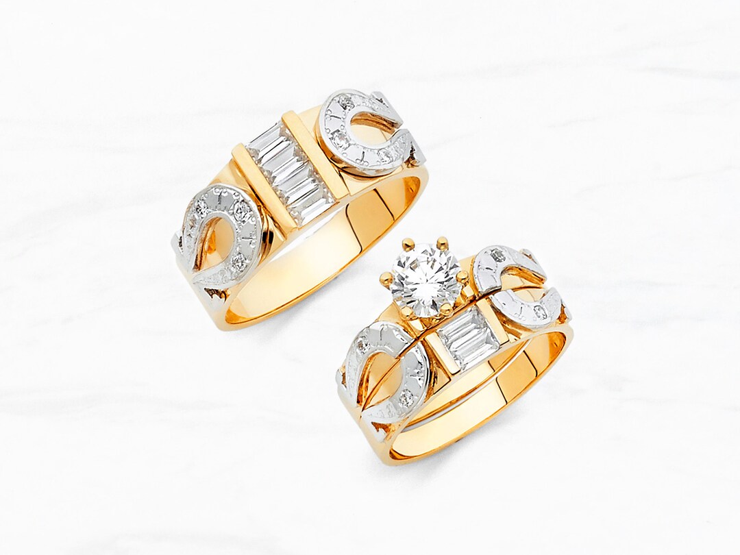 14K Two-tone Omega Wedding Ring Trio Set Real 14K Gold Bridal Ring Set ...