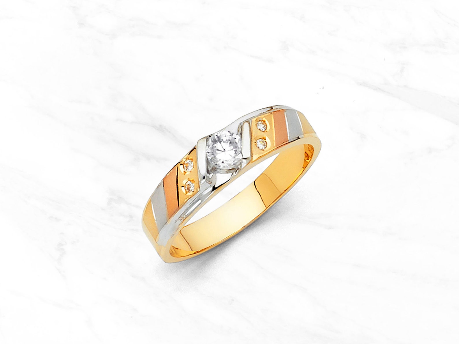 Solid 14K Tri-color Striped Wedding Ring Trio Real 14K - Etsy