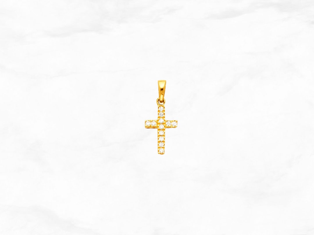 14K Gold Cross Pendant With Gems, Real Small Gold Cross, Cubic Zirconia ...