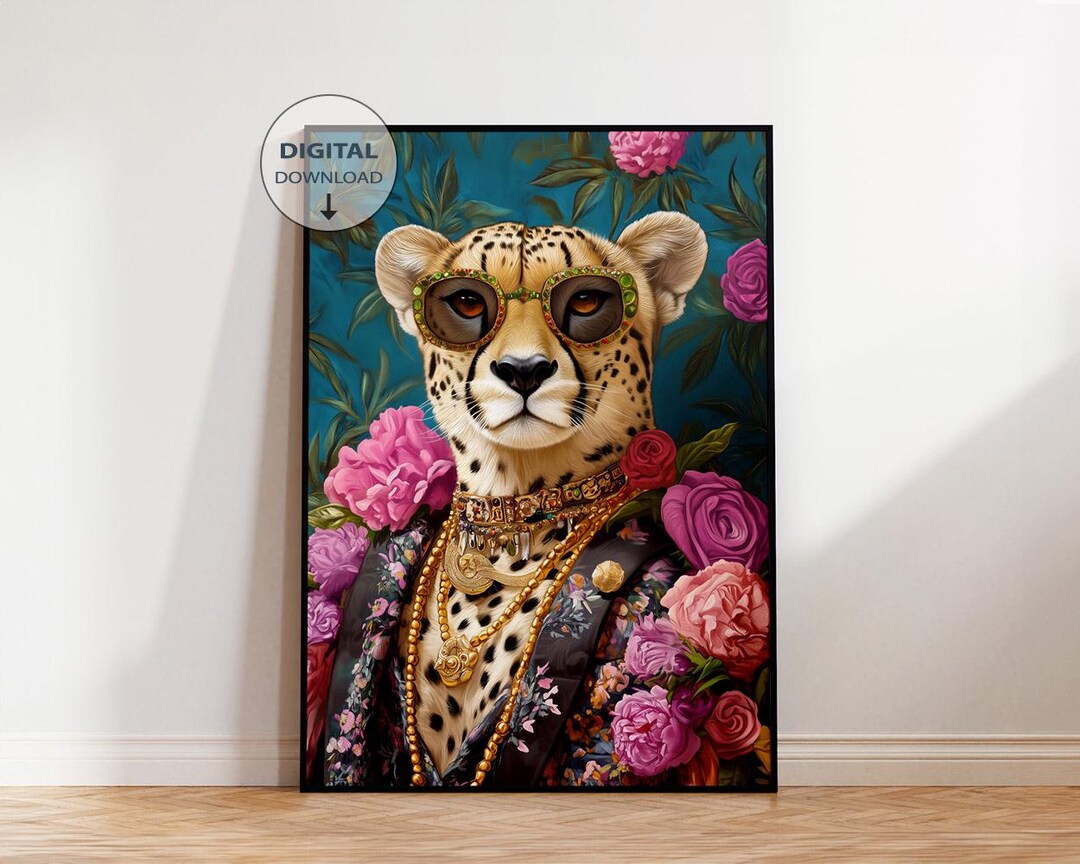 Cheetah Maximalist Animal Art Print, Dressed Animal Print, Animal Art ...