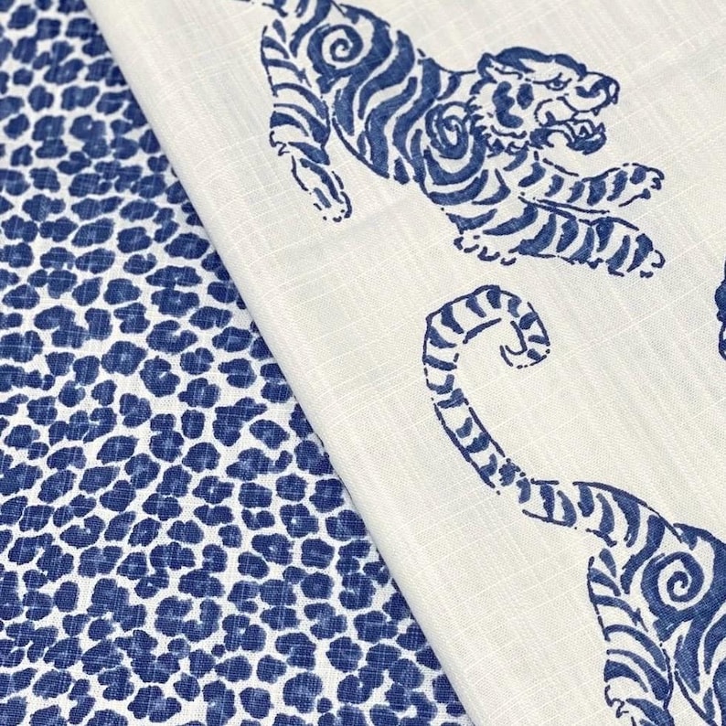 Blue Leopard Print Fabric - Cotton Slub Canvas Upholstery Fabric by the ...