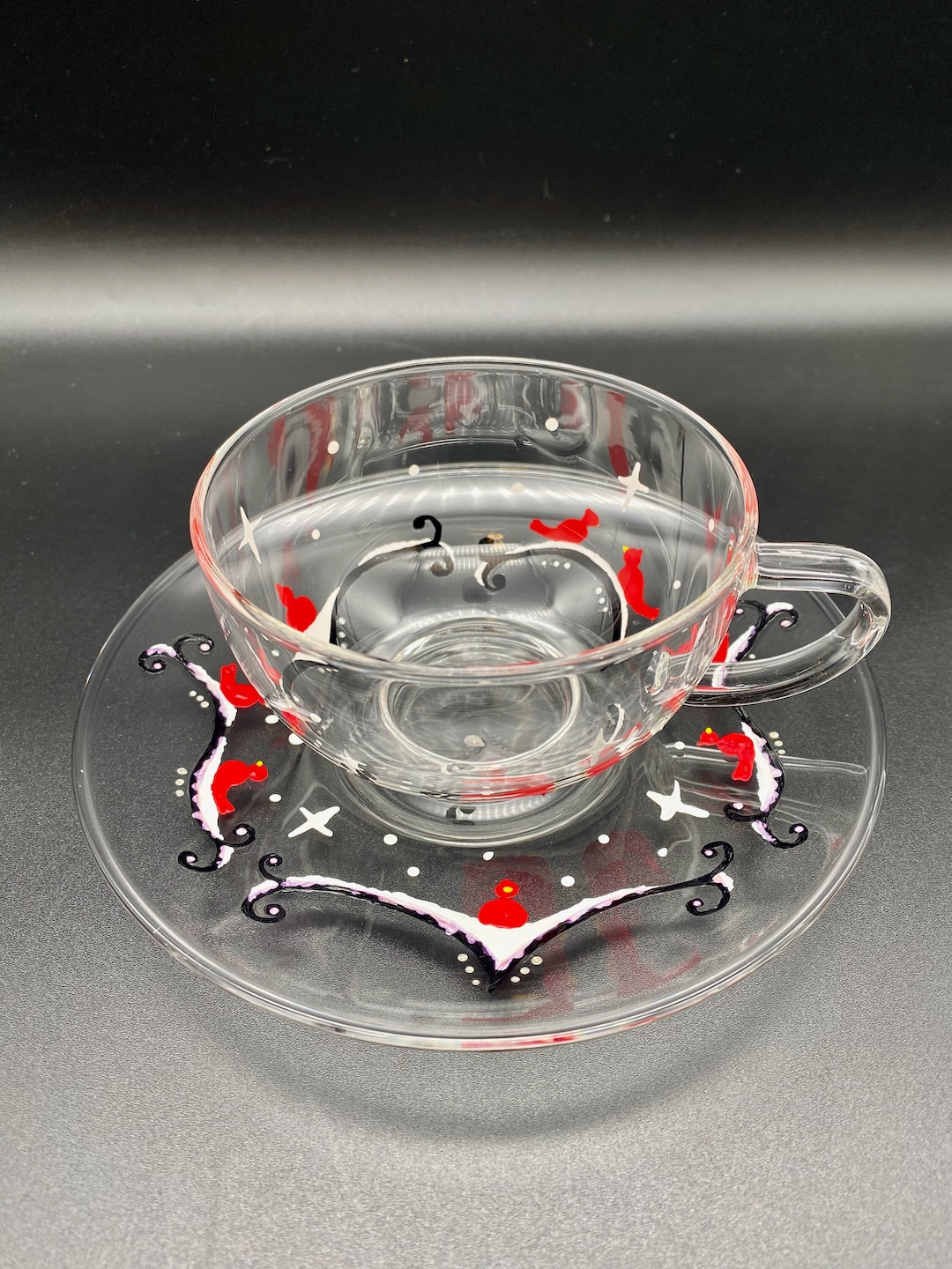 Red Cardinal Snowy Teacup & Saucer Hand Painted Entertaining Coffee Tea ...