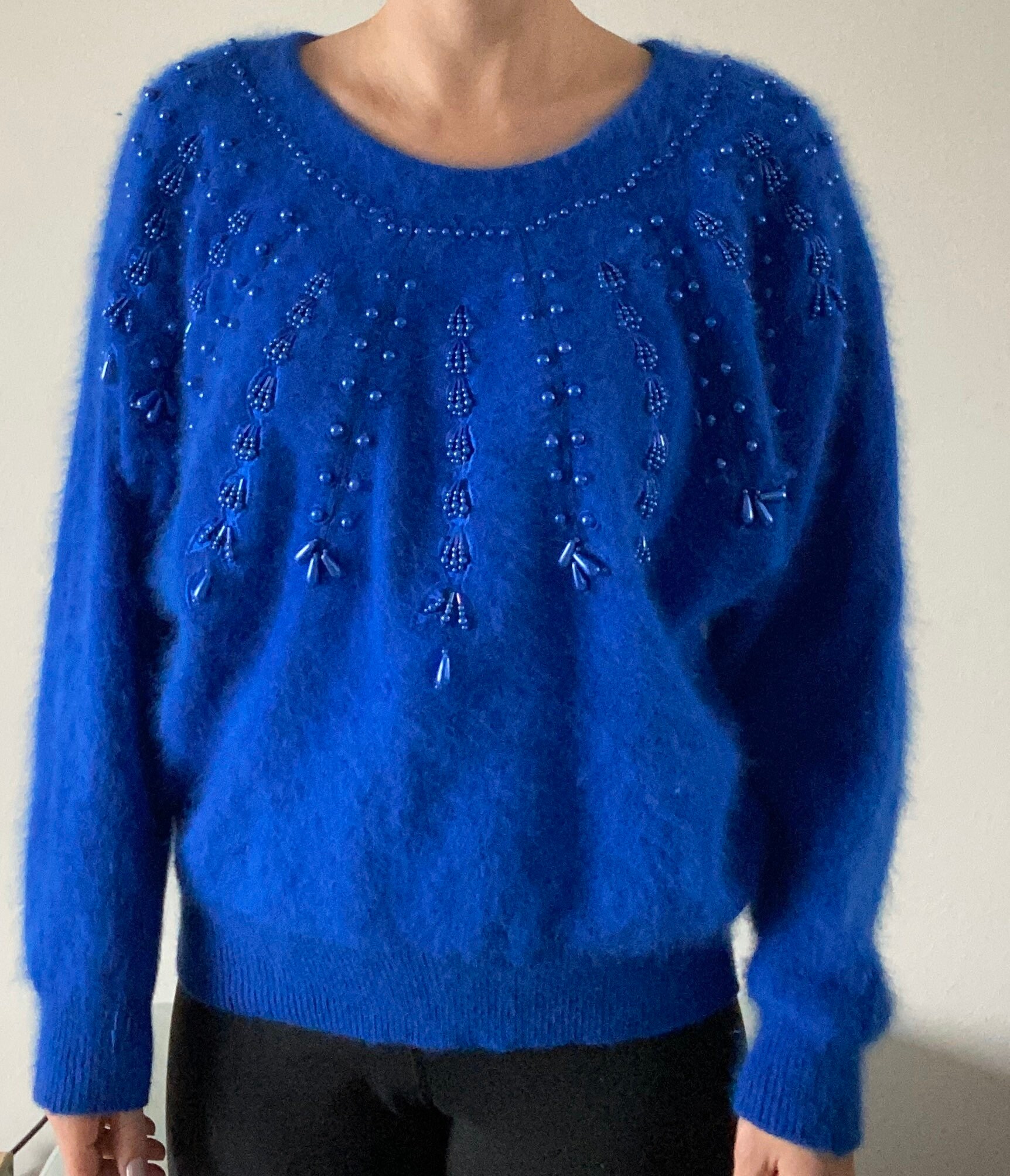 1970s Carducci Angora Sweater Cobalt Blue Beaded Clothing Outfit Vtg ...