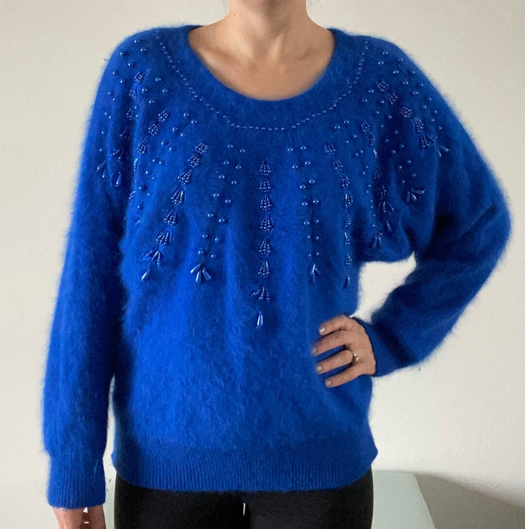 1970s Carducci Angora Sweater Cobalt Blue Beaded Clothing Outfit Vtg ...