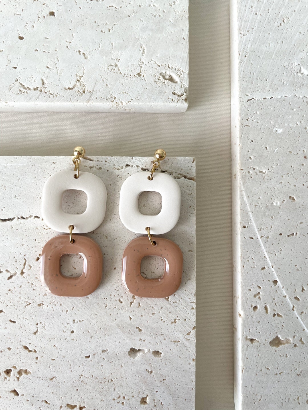 Double Square Clay Earrings // Light Brown and Ivory Earrings // Tan and Ivory Earrings ...
