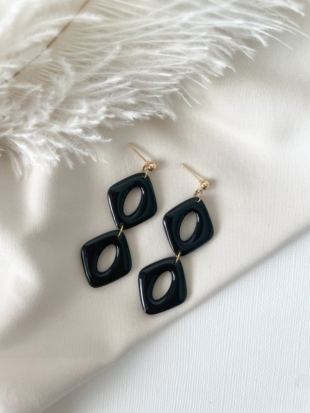 Double Diamond Clay Earrings // Tiered Clay Earrings // Shiny Black ...
