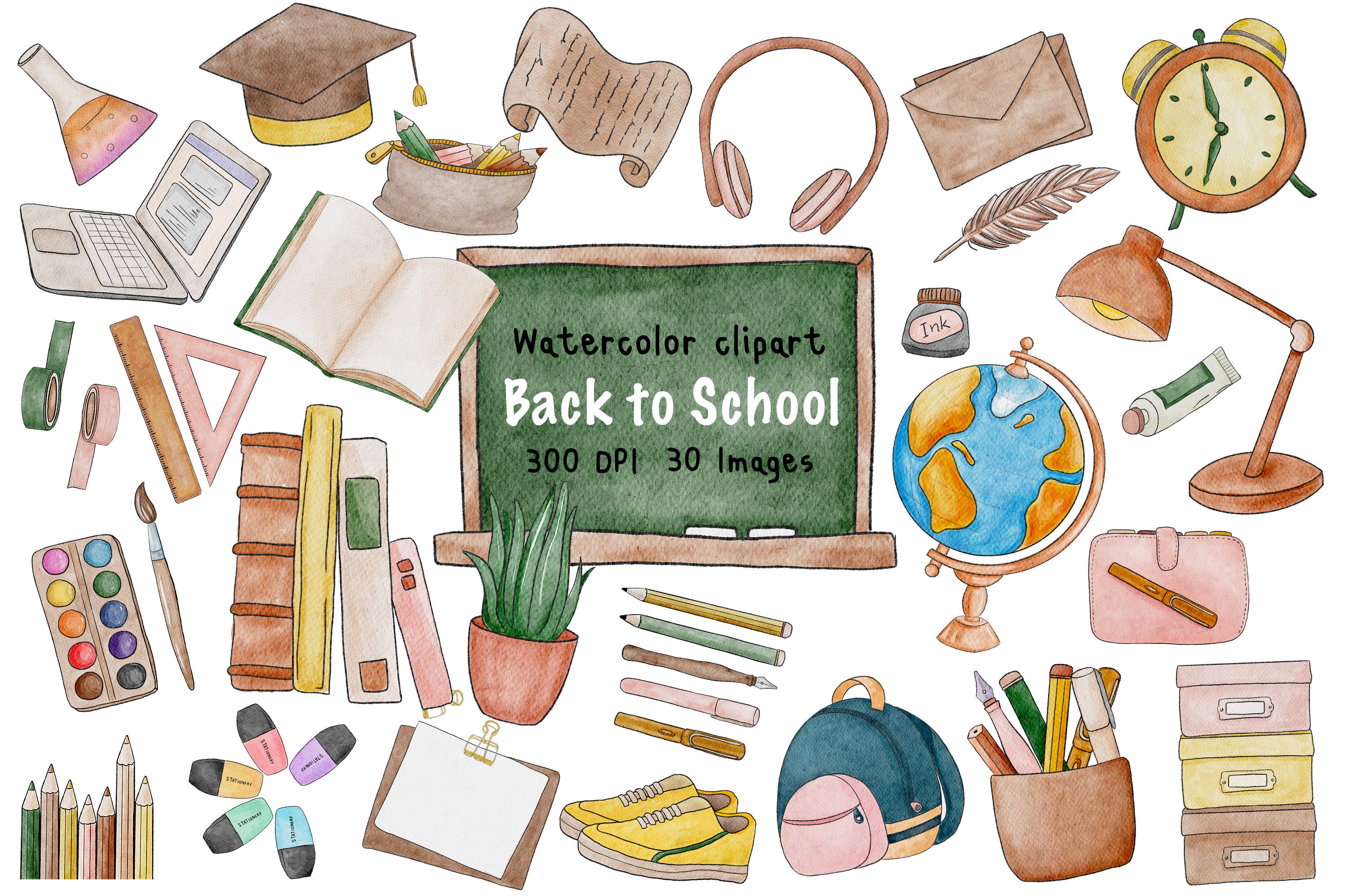 Back to School Watercolor Clipart Graphic | Clipart Discount Bundles ...