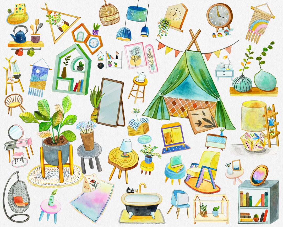 Watercolor Boho Clipart Bundle: Hand-drawn PNG Graphics (digital ...
