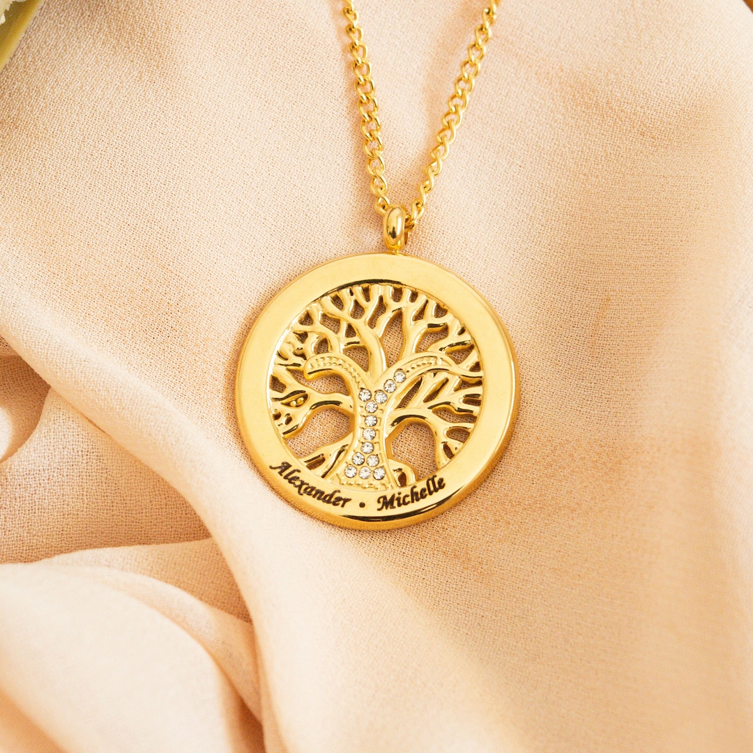 Personalized 18k Gold Plated Family Tree Necklace, Engraved Custom Name ...