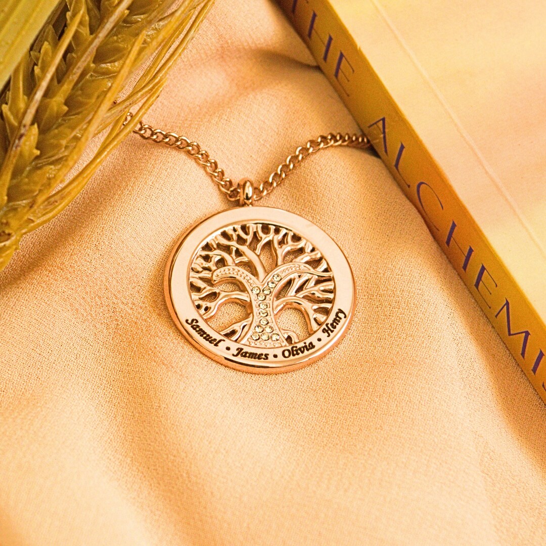 Personalized 18k Gold Plated Family Tree Name Necklace, Engraved Custom ...