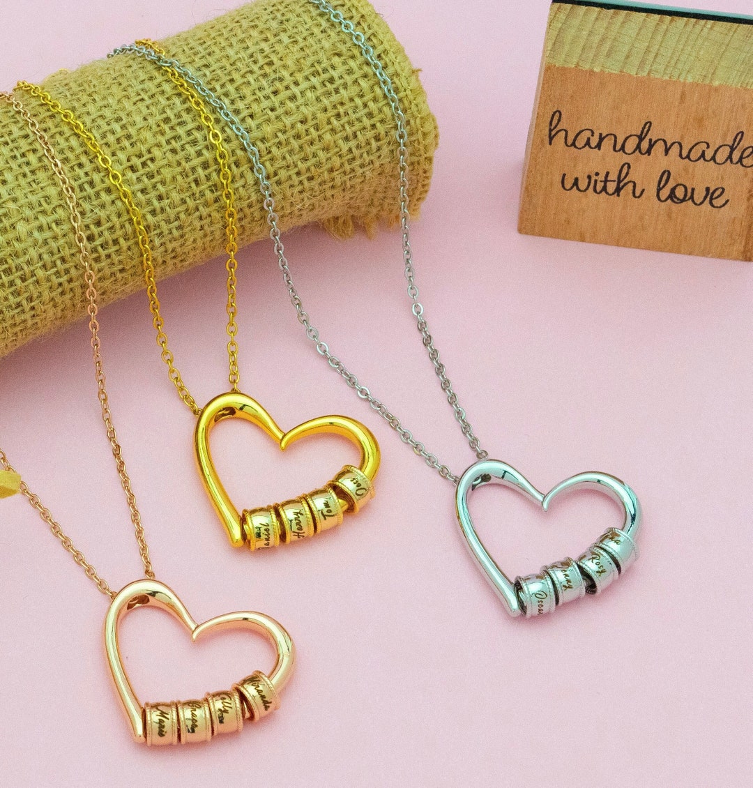 Personalized Heart Shaped Beaded Necklace, Customize Women Engraved ...