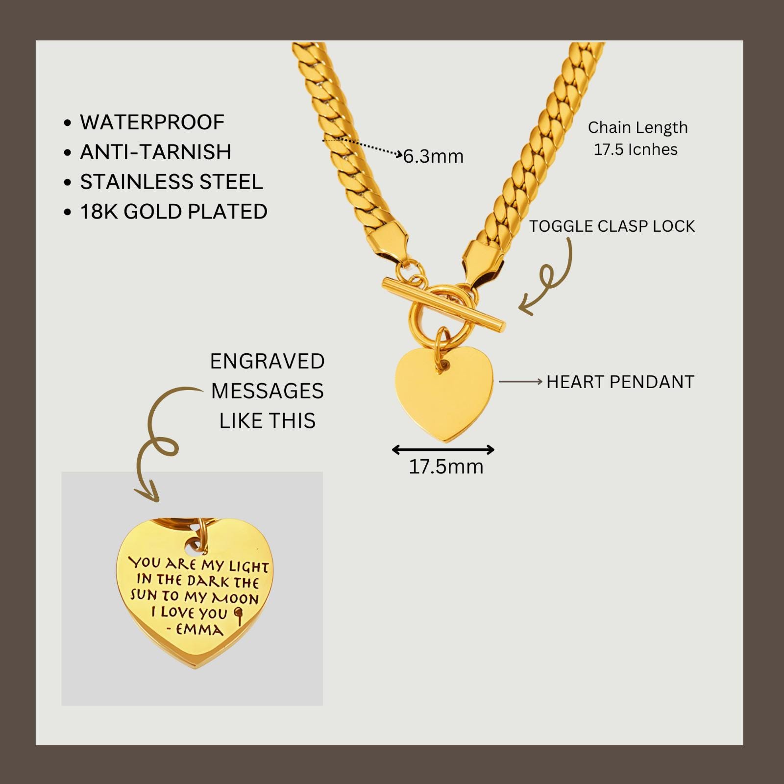 Custom Engraved Heart Necklace,18k Gold Finish Heart Charm ...