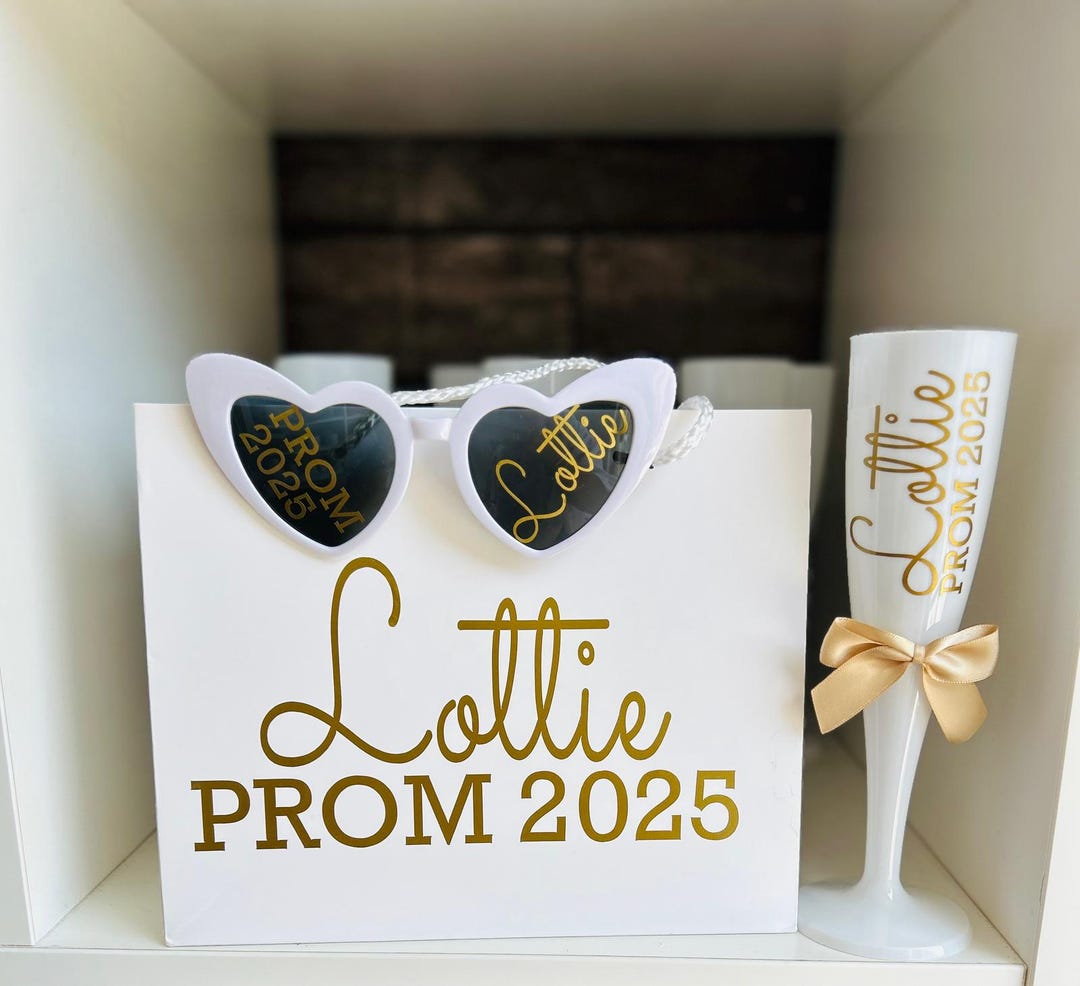 Personalised Prom Gifts Set 2025, Champane Flute, Gift Bag, Sash ...