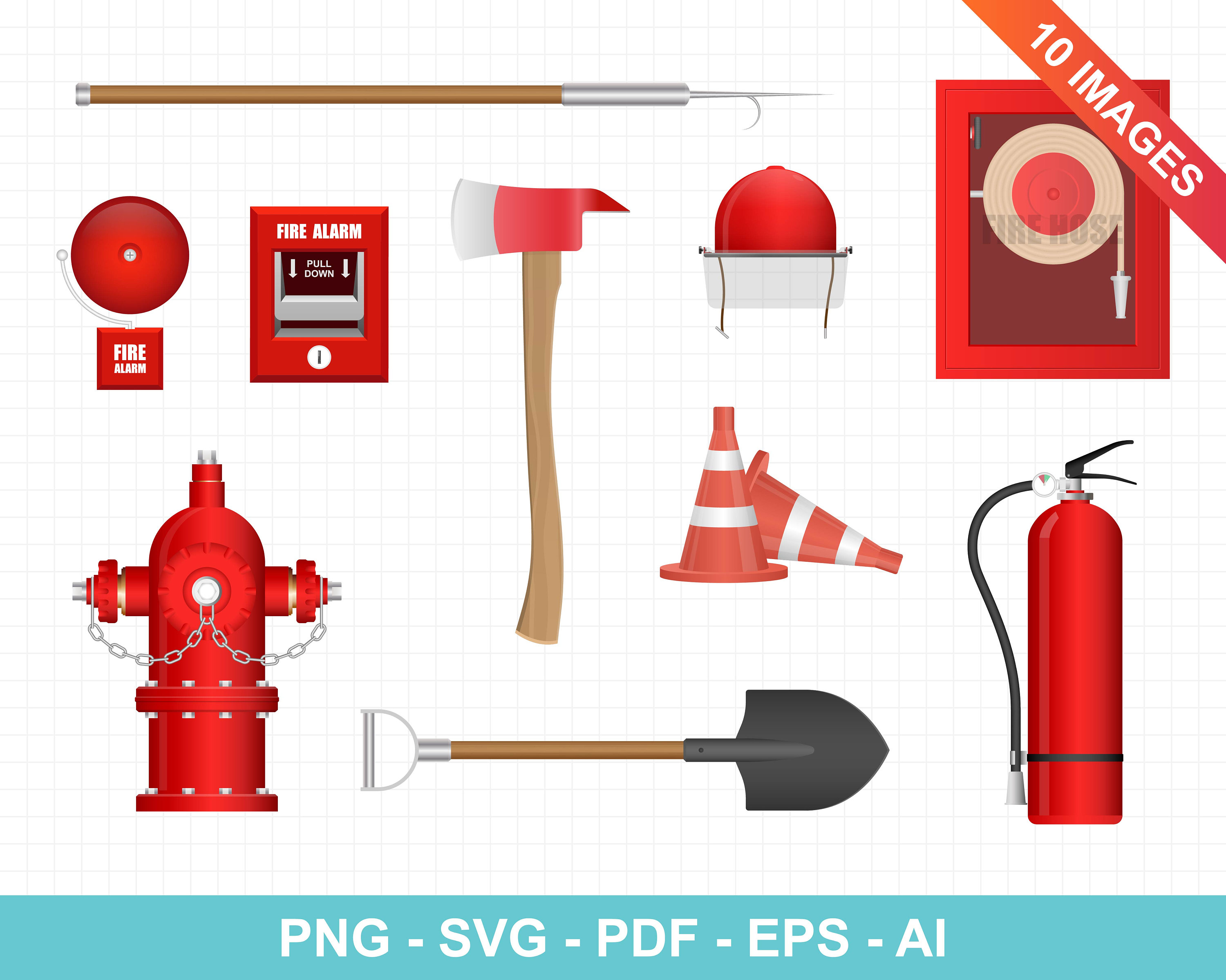 Firefighting Equipment Clipart, Helmet, Axe, Alarm, Hook, Hose ...