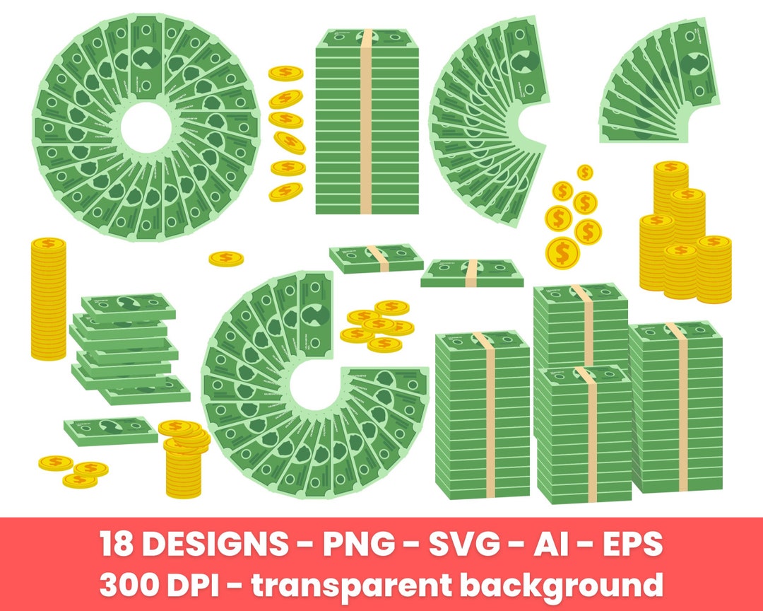 Coins and Banknotes Clipart Set. Digital Images or Vector Graphics for ...