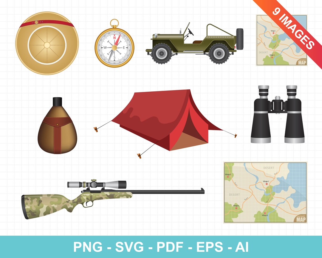 Safari Equipment Clipart. Safari, Travel, Hiking, Vehicle, Survival ...