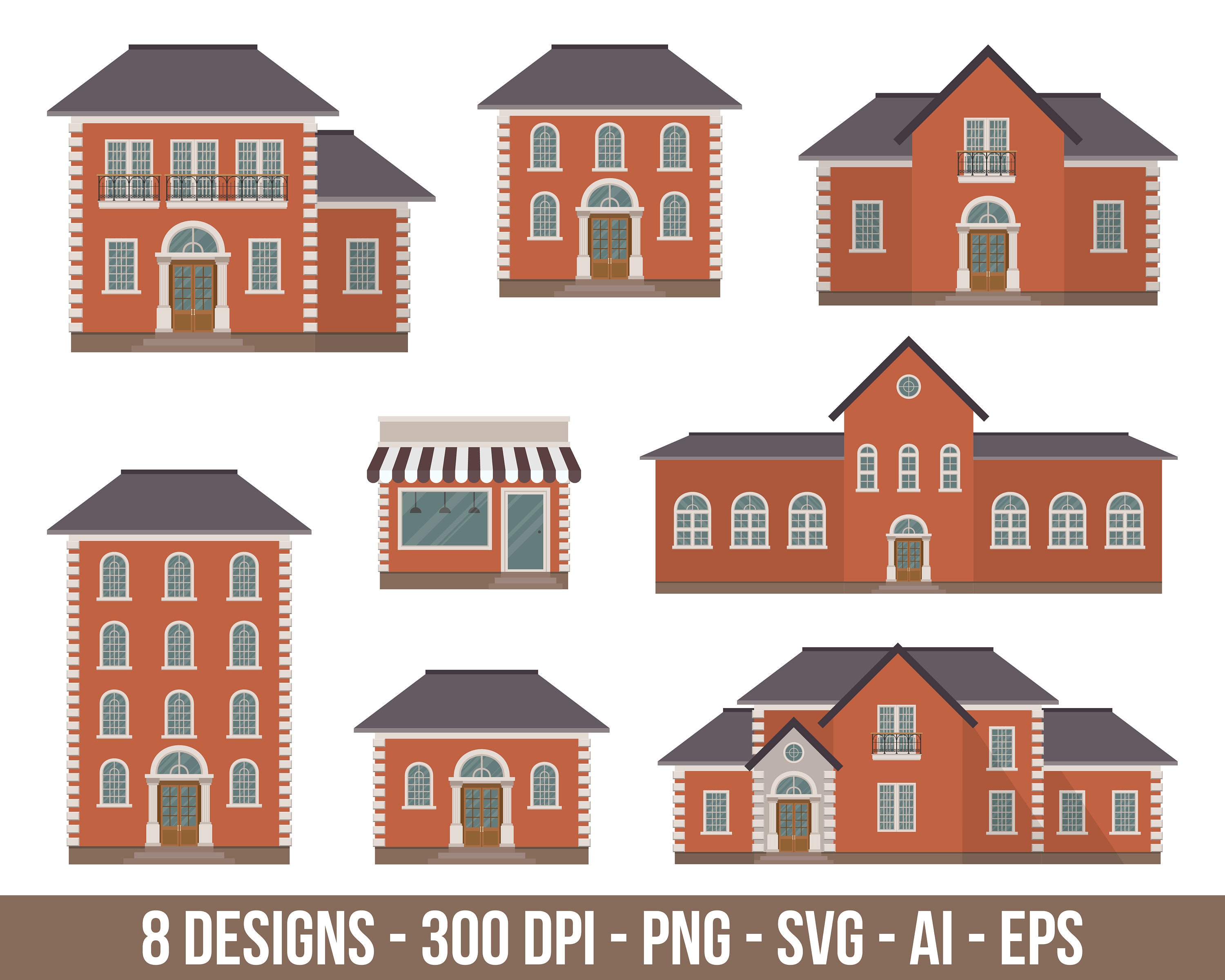 Brick House Building Clipart Set. Digital Images or Vector Graphics for ...