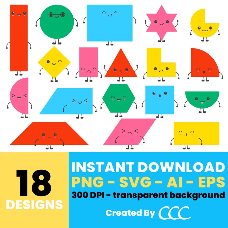 Kawaii Geometric Shapes Clipart – Cute Shapes Digital Graphics, Vector ...